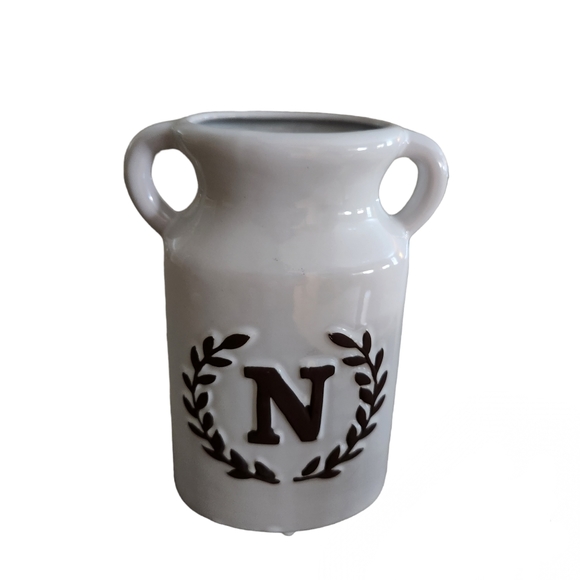 Other | Farmhouse Style Distressed White Ceramic Milk Can Vase Letter N ...